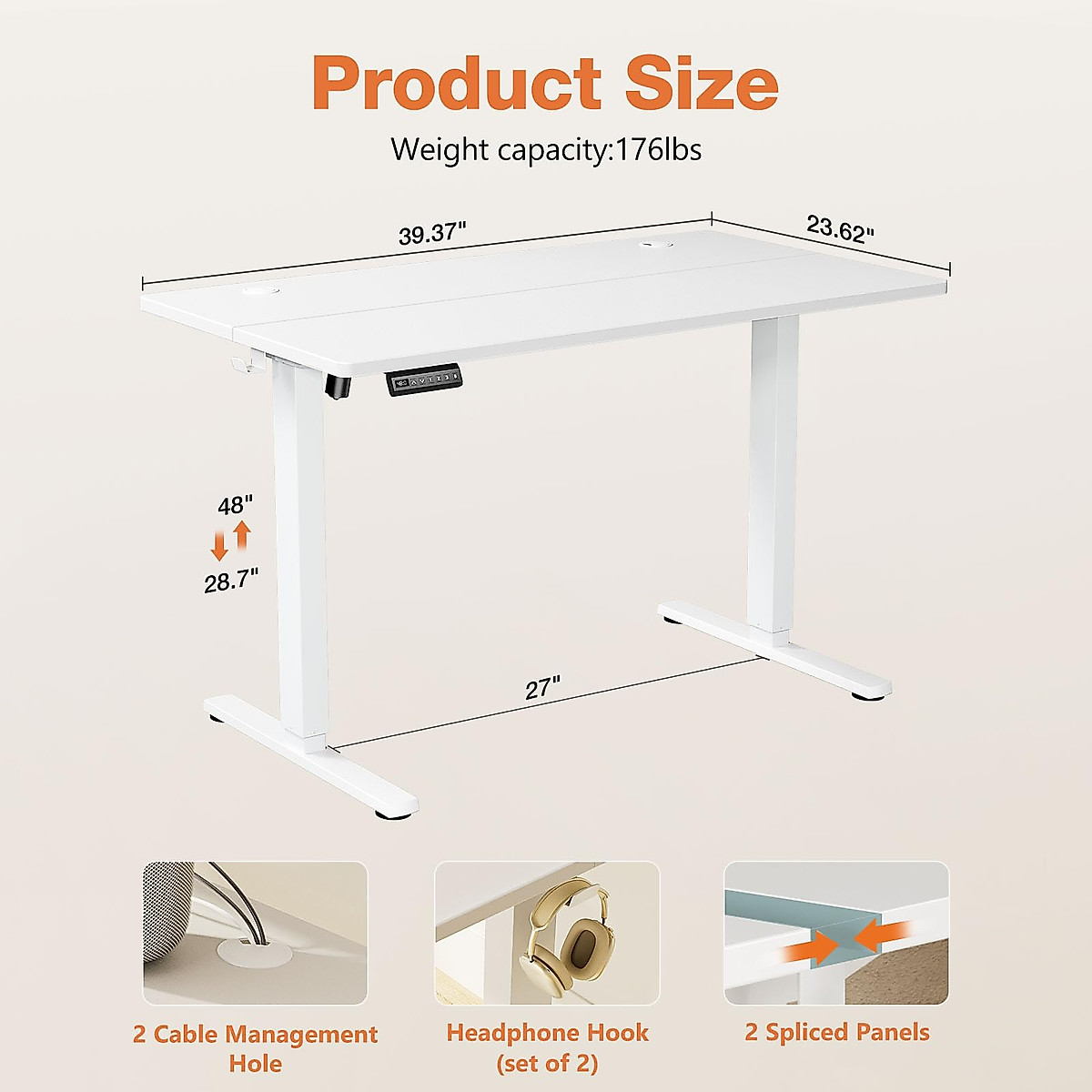 Sweetcrispy Electric Standing Desk - 40 x 24 inch Adjustable Height Sit to Stand Up Desk with Splice Board, Rising Home Office Computer Table with 2 Hook and Wire Hole for Work