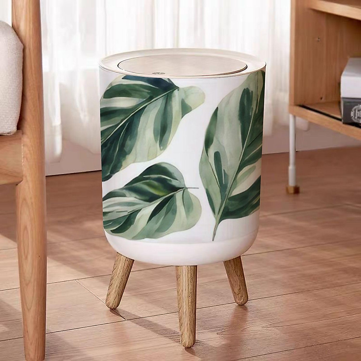 Small Trash Can with Lid for Bathroom Kitchen Office Diaper Set tropical leaves white background watercolor wrapping textile Bedroom Garbage Trash Bin Dog Proof Waste Basket Cute Decorative