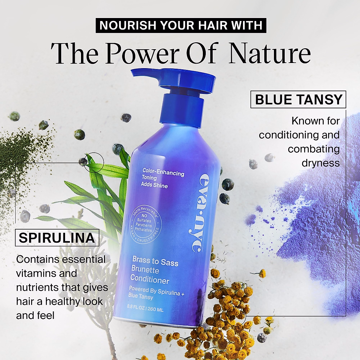 Eva NYC Brass to Sass Brunette Conditioner, Blue Conditioner for Brassy Hair, Neutralizes Brassy Red and Orange Tones, 8.8 fl oz