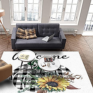 Indoor Area Rugs Thanksgiving Sunflower Pumpkin Non-Slip Floor Mats Black White Plaid Rectangular Carpet Soft Washable Rugs for Living Room/Bedroom/Hallway Home Decor - 4x6 Feet