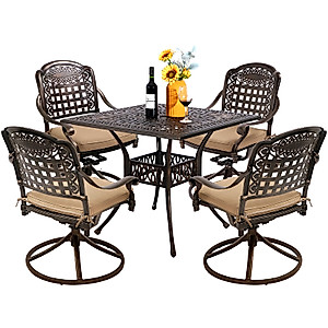 USSerenaY 5-Piece Outdoor Dining Set Cast Aluminum Patio Furniture Set All-Weather 4 Chairs and Dining Table with Umbrella Hole for Garden, Backyard (Braided+Khaki Cushion, Square Table)
