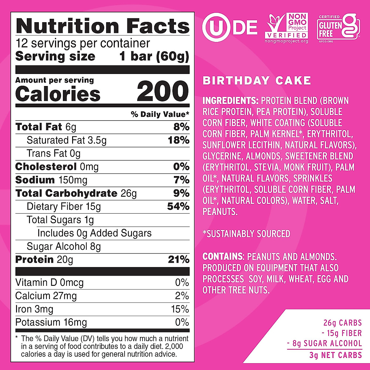 No Cow High Protein Bars, Dipped Birthday Cake - Healthy Snacks, 20g Vegan Protein, High Fiber, Low Sugar, Keto Friendly, Dairy & Gluten Free (12 Count)