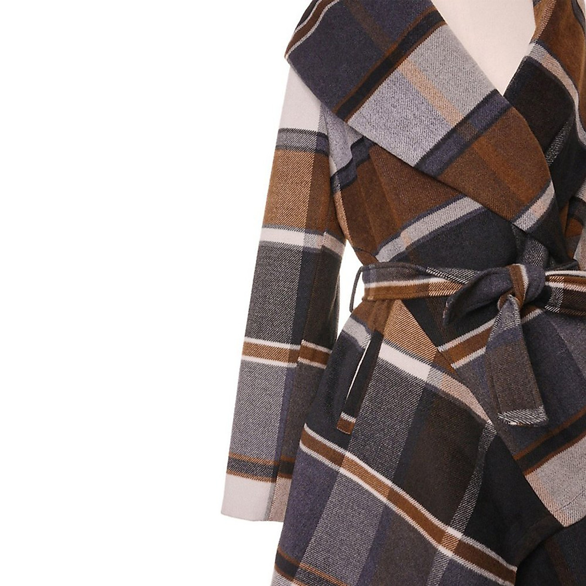 CHICWISH Women's Turn Down Shawl Collar Open Front Earth Tone Check Asymmetric Hemline Wool Blend Coat, Brown, Small