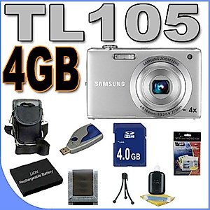 Samsung TL105 12.2MP Digital Camera w/4x Optical Zoom (Silver) BigVALUEInc Accessory Saver 4GB Battery Bundle