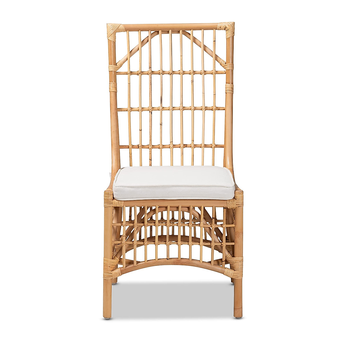 Baxton Studio Rose Dining Chair Dining Chair White Fabric Upholstered and Natural Brown Rattan Dining Chair