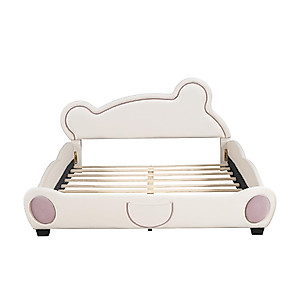 VilroCaz Queen Size Velvet Platform Bed with Bear-Shaped Headboard and Bed-End Storage Pocket, Upholstered Kids Platform Bed Frame with Safety Fence for Boys Girls, Sturdy Slats Support