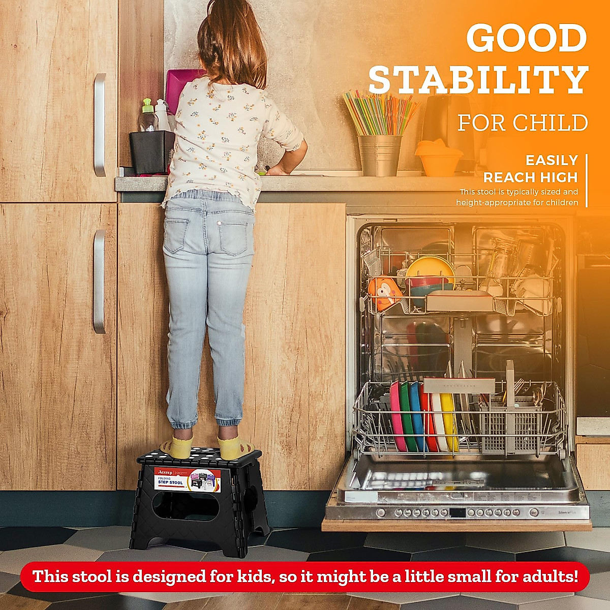 ACSTEP Folding Step Stool Foldable Stool 7.5 Inch Height Kids Step Stool, 300 lb Capacity Plastic Collapsible Stool, Stepping Stool with Handle Black Small Step Stool, Foot Stool Suitable for Kitchen