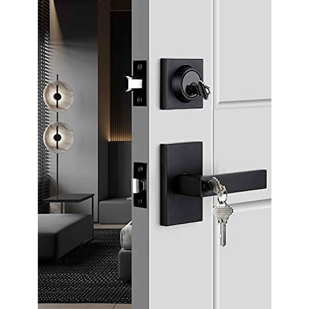 goldenwarm Keyed Alike Black Door Handle with Deadbolt, Square Contemporary Matte Black Exterior Door Lock Set with Deadbolt, Heavy Duty Zinc-alloyed Front Entry Door Locksets with Deadbolt(1 Pack)