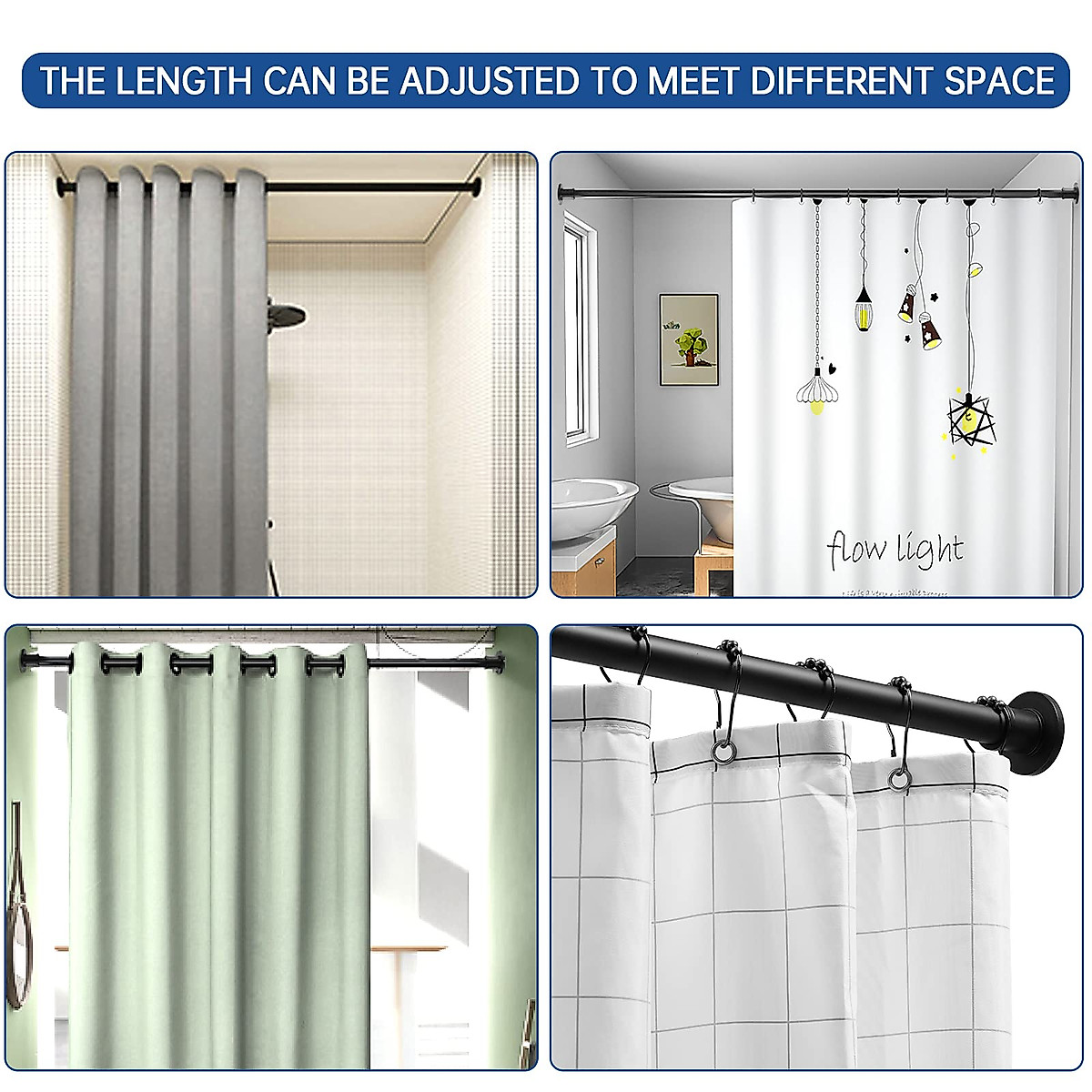 BRIOFOX Industrial Shower Curtain Rod - Never Rust Non-Slip 43-72 Inch Stainless Steel, Matte Black