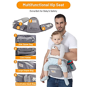 Baby Carrier with Hip Seat, Mumgaroo Baby Carrier Newborn to Toddler All Seasons & All Position Hip Baby Carrier with Hood & Extra Safety Belt, Baby Holder Carrier for Breastfeeding, Infant & Toddler