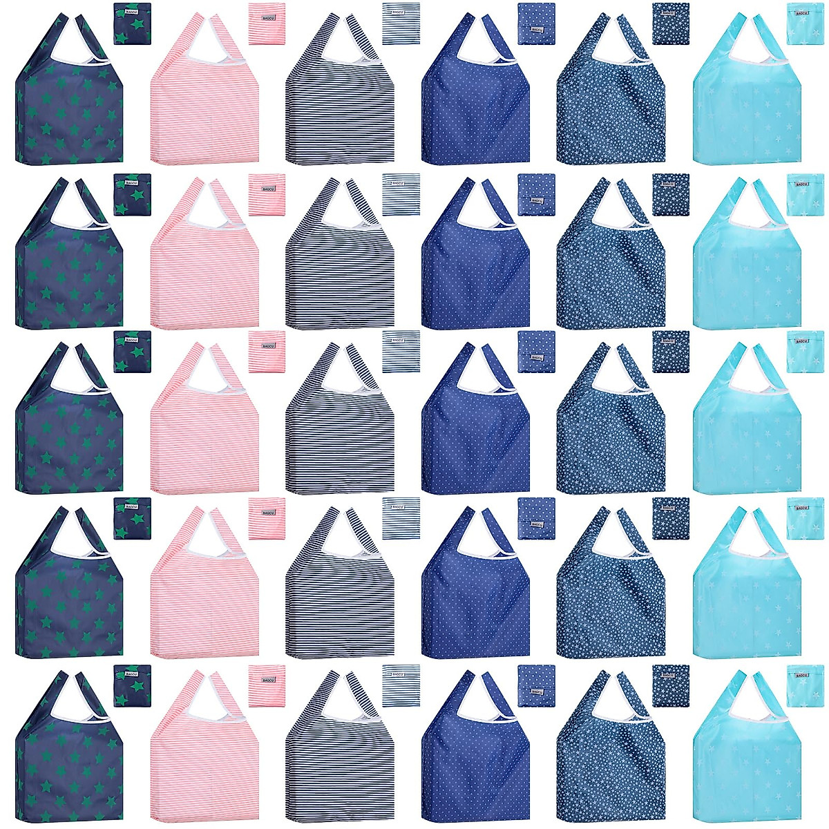 Paterr 30 Pack Mixed Color Reusable Shopping Grocery Bags Foldable Grocery Bags with Handle Kitchen Machine Washable Reusable Bags Heavy Duty Strong Capacity Tote Bag with Pouch for Home, 6 Styles