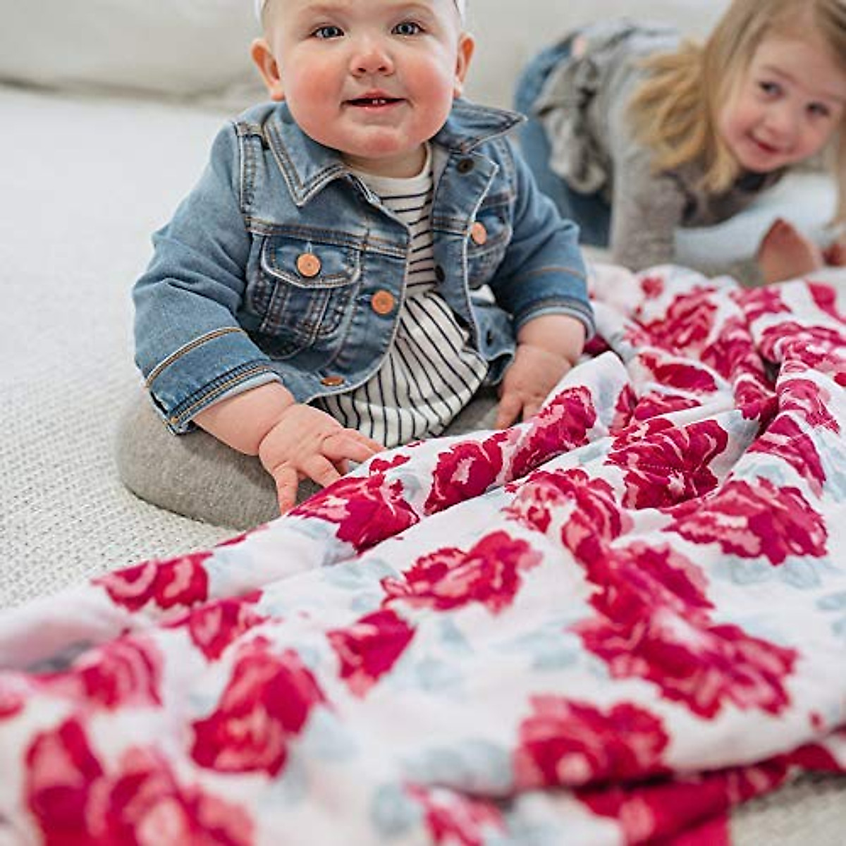 GRACED SOFT LUXURIES Softest Gentle Large Muslin Quilt, 47" x 47" Muslin Baby Receiving Blanket (Peony Paradise)