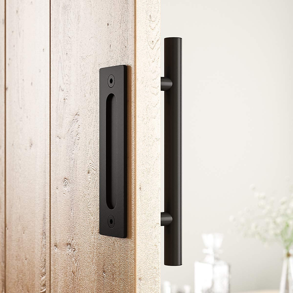 SMARTSTANDARD Heavy Duty 12" Pull and Flush Barn Door Handle Set, Large Rustic Two-Side Design, for Gates Garages Sheds Furniture, Solid Steel Material, Round, Black