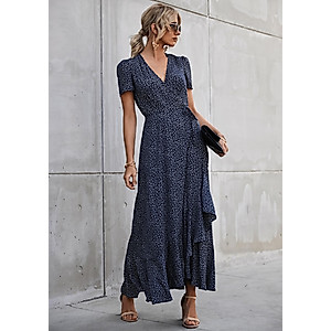 PRETTYGARDEN Women's Summer Wrap Maxi Dress Casual Boho Floral V Neck Short Sleeve Ruffle Hem Split Beach Long Dresses (Blue,Large)