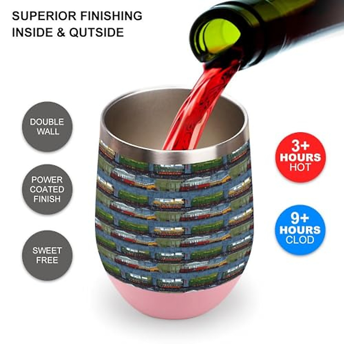 WYUSPGK 304 Stainless Steel Insulated Cup, Train Cars Print Smooth Rim, Durable & Reusable - Perfect for Office, Home, And Travel