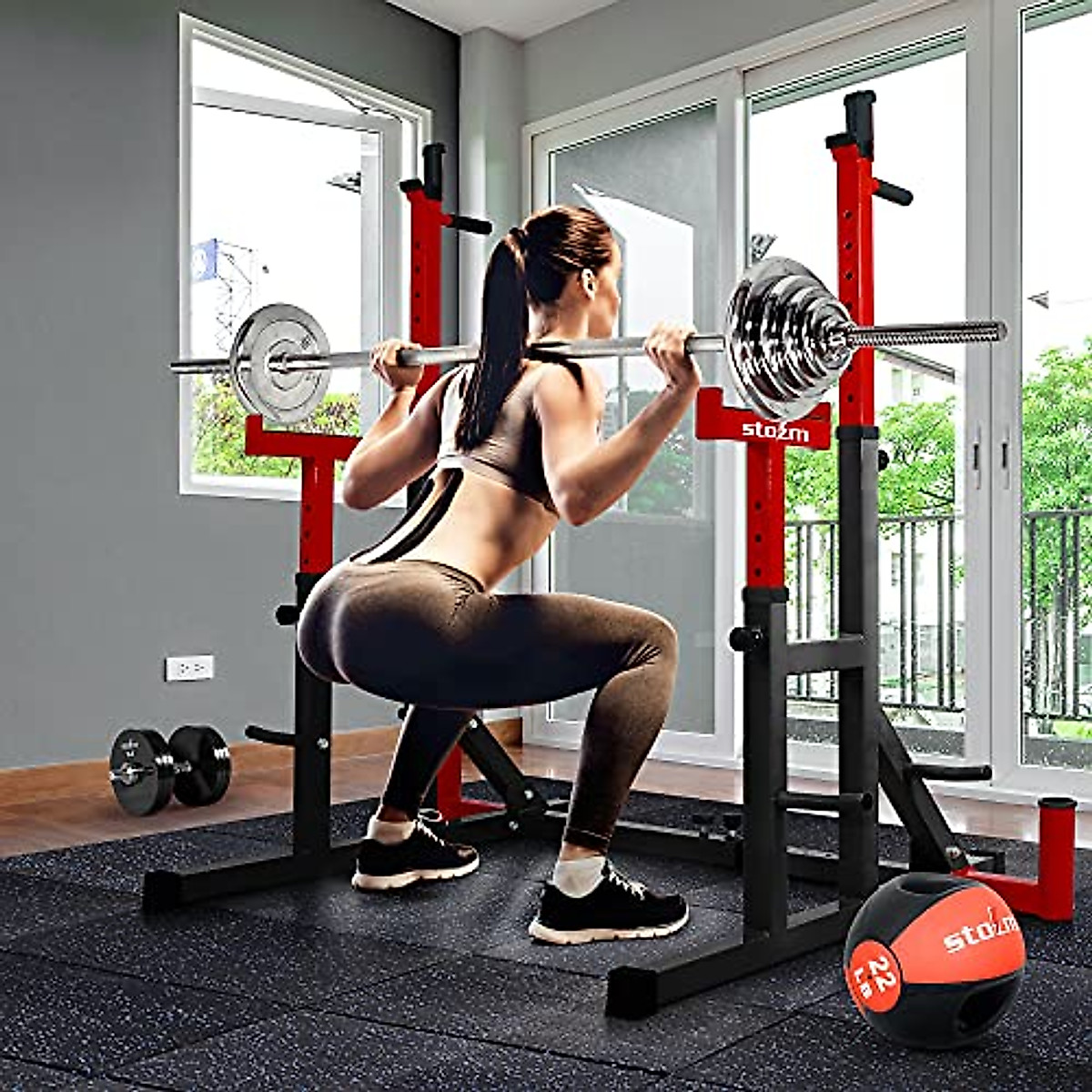 STOZM Combo Barbell Rack & Adjustable Weight Bench (Red)