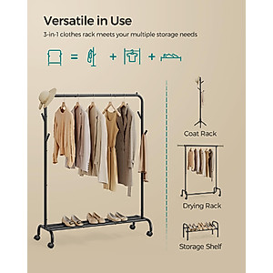 SONGMICS Clothes Rack, Clothing Rack for Hanging Clothes with Wheels, Heavy Duty Garment Rack, Metal Frame, 110 lb Max. Total Load, 40.7 Inches Wide, Clothes Storage and Display, Black UHSR131B01