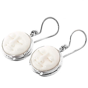 Moon Face Buffalo Bone Hand Carving 925 Sterling Silver Earrings 13/16"