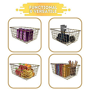 Vlish 4 Gold Wire Baskets - 4 Pack Storage Decor Crafts | Kitchen Bin Organizing Basket Set | Great for Closet, Laundry, Pantry Organization, Tables & Countertops, Office | Large & Small