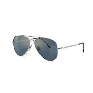 Ray-Ban RB8125M Titanium Aviator Sunglasses, Demi Gloss Silver/Polarized Blue Mirrored Gold, 58 mm