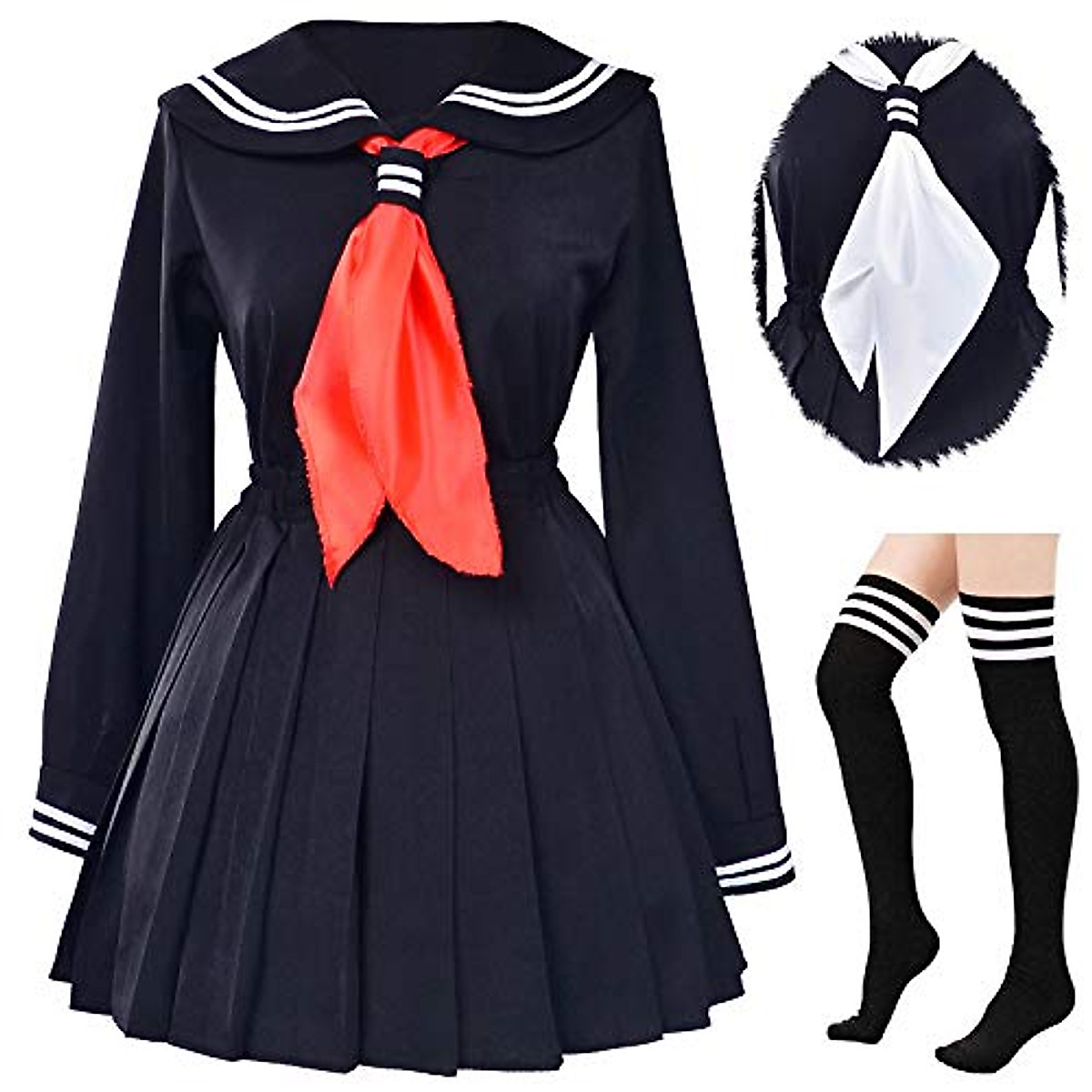 Classic Japanese School Girls Sailor Dress Shirts Uniform Anime Cosplay Costumes with Socks Set(Black)(M = Asia L)(SSF08BK)