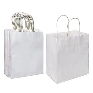 Oikss 50 Pack 8x4.75x10 Inch Medium Paper Bags with Handles Bulk, Kraft Bags Birthday Wedding Party Favors Grocery Retail Shopping Takeouts Business Goody Craft Gift Bags Sacks (White 50PCS Count)