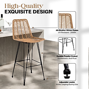 Idzo 400lbs Capacity Rattan Bar Stools Set of 2 Upgraded, 42-Inch Height Outdoor Bar Stools with Comfort Cushion, Solid Steel Frame & Durable Power Coating, Easy Assembly