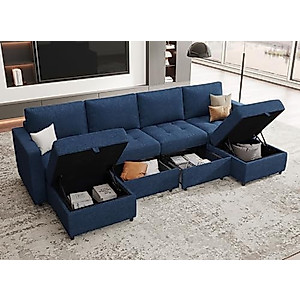 Belffin Fabric Modular Convertible Sectional Sofa U Shape Pull Out Couch with Ottomans 6 Piece Sofa Sectional Set Sleeper Couch with Double Reversible Chaises and Storage for Living Room Blue