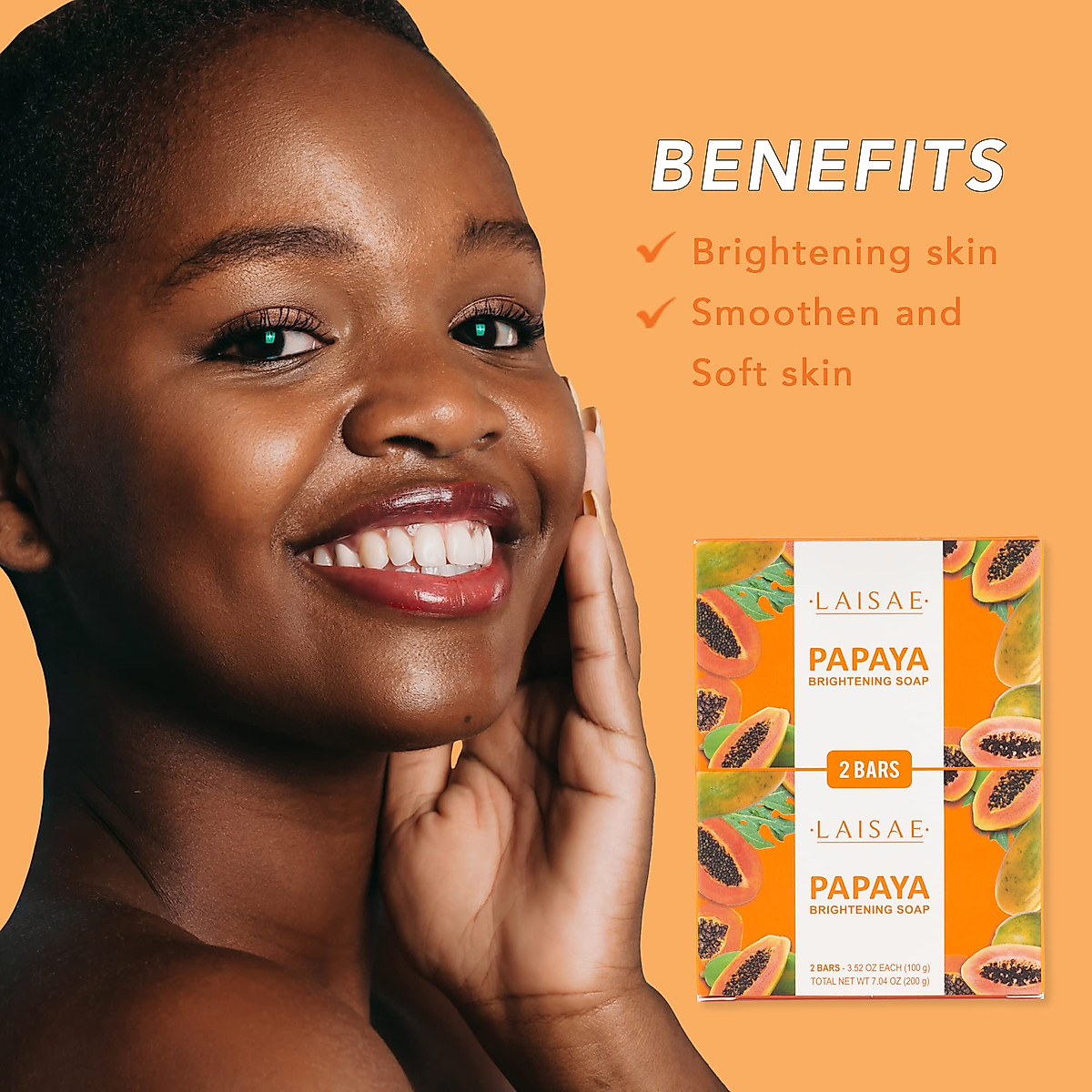 LAISAE Papaya Brightening Soap, Glowing Skin & Hydrating Face Moisturizer with Niacinamide, Shea Butter and Aloe Vera, Even Skin Tone Body Cleansing Bar - Sensitive Skin Soap, Vegan, 3.52 oz (2 Bars)