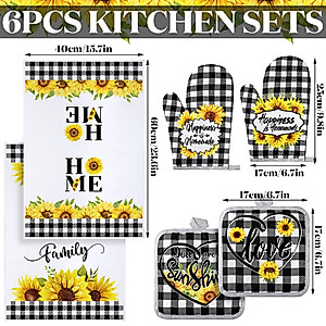 Leinuosen 6 Floral Plant Oven Mitts and Pot Holders Sets Farmhouse Kitchen Towels Absorbent Dish Towels for Cooking Baking Grilling(Classic Color,Plaid Sunflower)