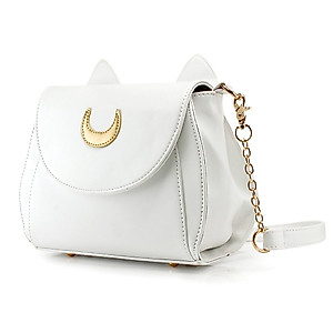 OCT17 Moon Luna Design Purse Kitty Cat satchel shoulder bag Designer Women Handbag Tote PU Leather Sailer Style (White)