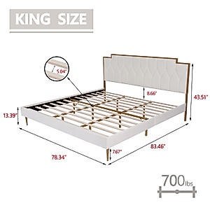 AGARTT Upholstered Platform King Size Bed Frame with Headboard Premium Stable Wood Slat Support No Box Spring Required Cream