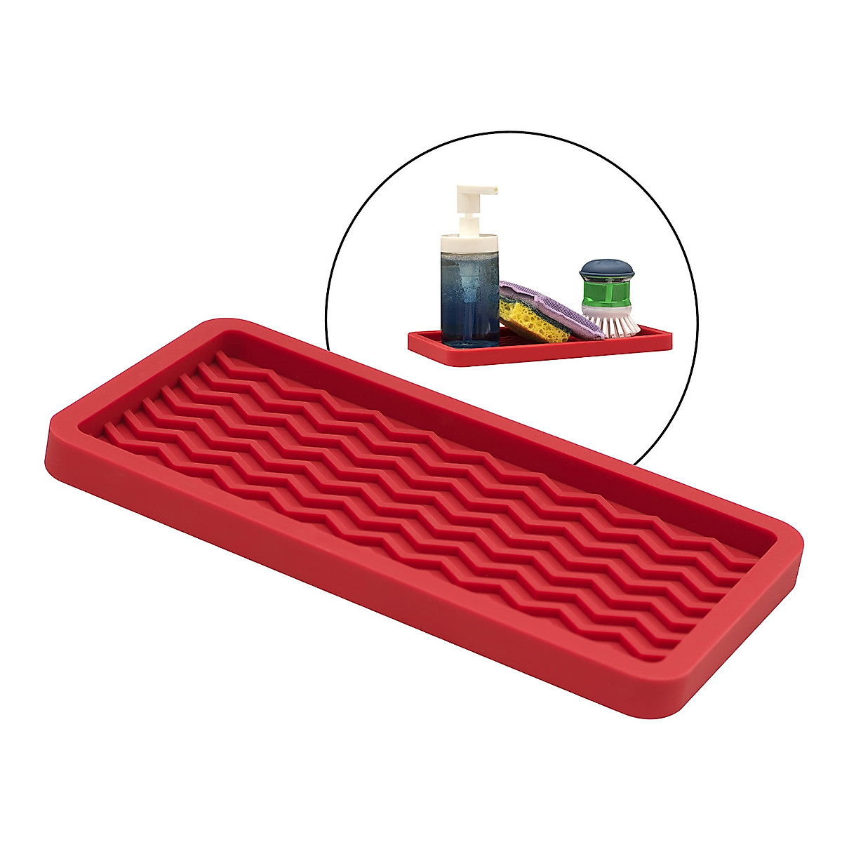 HomeBee Silicone Kitchen Bath Vanity Organizer Tray, Non-Slip Multipurpose Sink Caddy | Dish Sponge, Brush, Soap Dispenser Bottle Holder | Dishwasher Safe Rubber Counter Mat (10 x 5.25 Inch – Red)