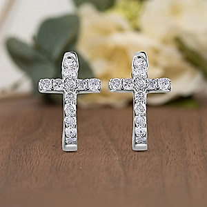 Natalia Drake Tiny Cross Huggie 1/4 Cttw Diamond Hoop Earrings for Women in Rhodium Plated 925 Sterling Silver