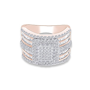 AFFY 2 Carat Round & Baguette Cut Natural Diamond Rectangle Frame Wedding Band Ring In 14K Rose Gold Over 925 Sterling Silver (2 Cttw, I2-I3 Clarity), Ring Size-9