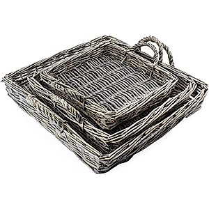 AuldHome Rustic Willow Basket Trays, Set of 3 (Square, Gray Washed); Natural Wicker Decorative Farmhouse Trays
