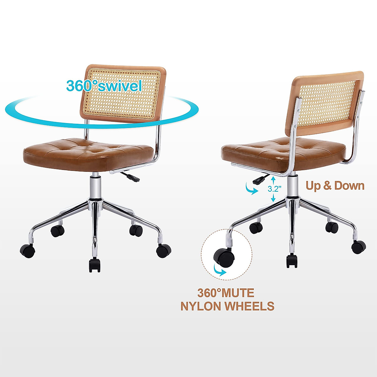 Zesthouse Mid Century Home Office Chair Leather Desk Chair with Rattan Back, Vanity Chair for Girls Women, Upholstered Swivel Chair, Adjustable Height Computer Task Chair