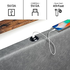 HOOBRO Queen Size Headboard, Wall Mount Hanging Headboard with 4 USB Ports and LED Light, PU Upholstery, Open Storage Shelf, for Bedroom, Bar, Dining or Entryway, Rustic Brown and Gray