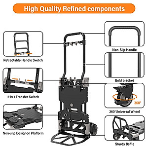 2-in-1 Folding Hand Truck with Folding Basket, 330LBS Capacity Heavy Duty Dolly with Retractable Handle, 4 Wheels and 2 Wheels Convertible Dolly Cart, Utility Luggage Cart with 2 Elastic Ropes