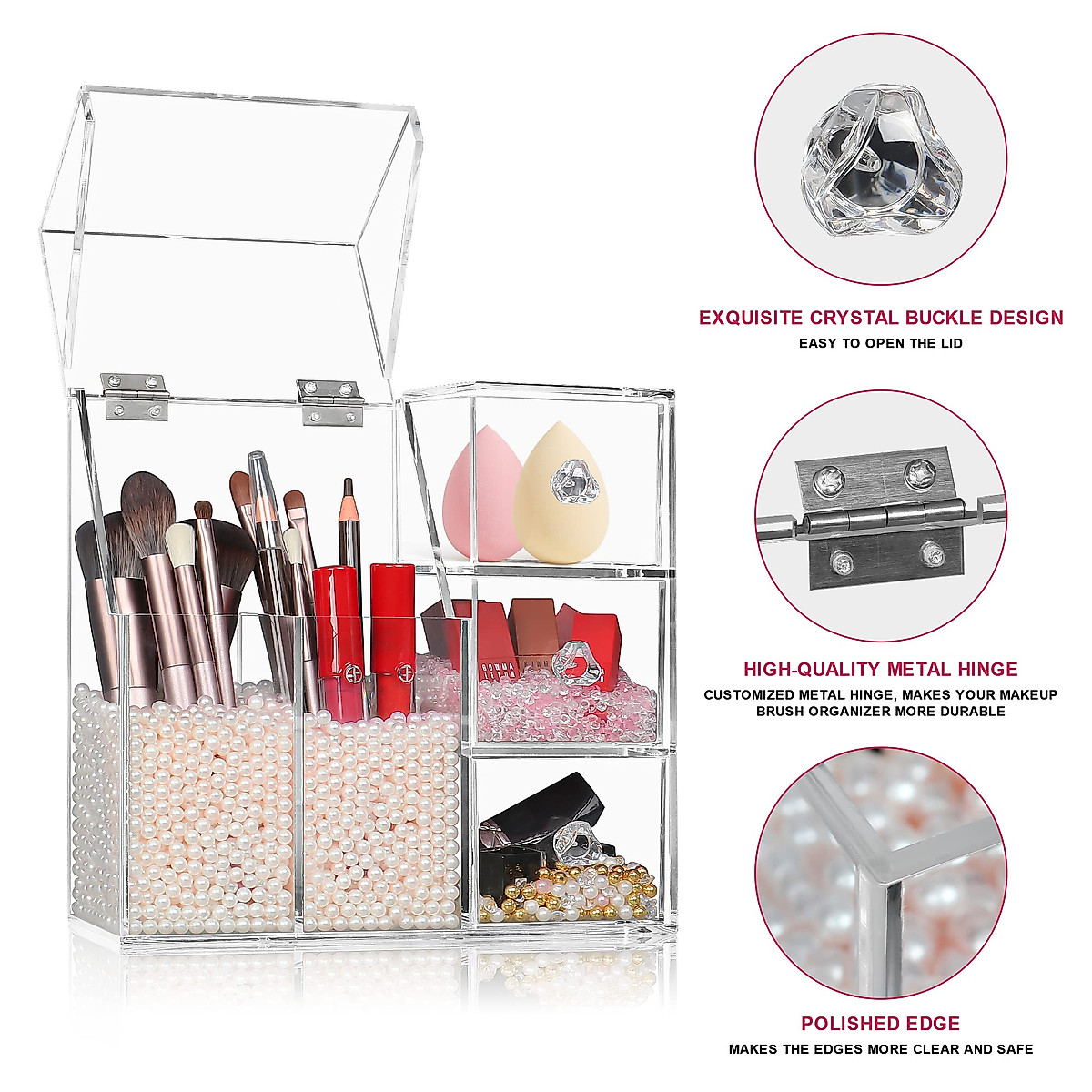 weddingwish Makeup Brush Holder with 3 drawers, Acrylic Makeup Organizer, Covered Costmetic Storage Box with Pink Beads,Heavy-Duty Acrylic, Bathroom Cosmetics Storage System…