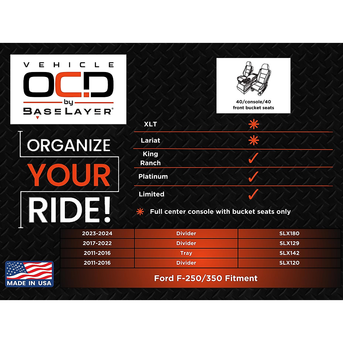 Vehicle OCD - Center Console Organizer Tray for Ford F250 / F350 SuperDuty (2011-2016) - Made in USA