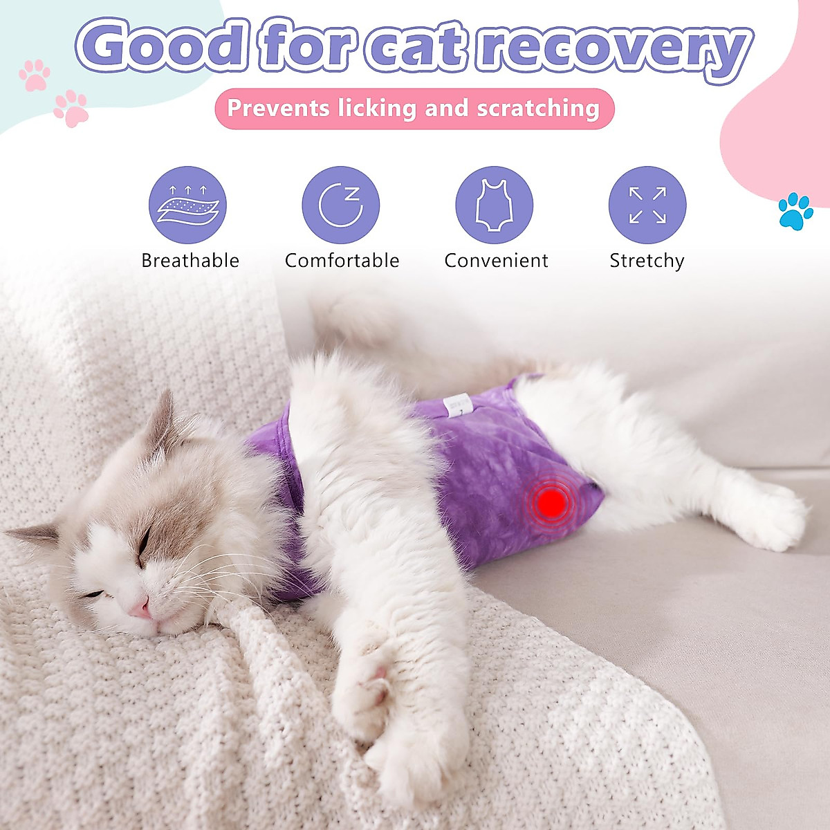 2 Pack Cat Surgery Recovery Suit Clothes for Female and Male,Cat Onesie Shirts for Cats After Surgery,Cat Spay Surgical Recovery Suit,Cat Cone to Stop Licking Abdominal Wound Alternative-Pink&Purple,M