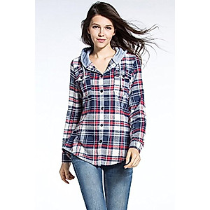 BOMDEALS Women's Classic Plaid Cotton Hoodie Button-up Check Shirts (M,Gray)