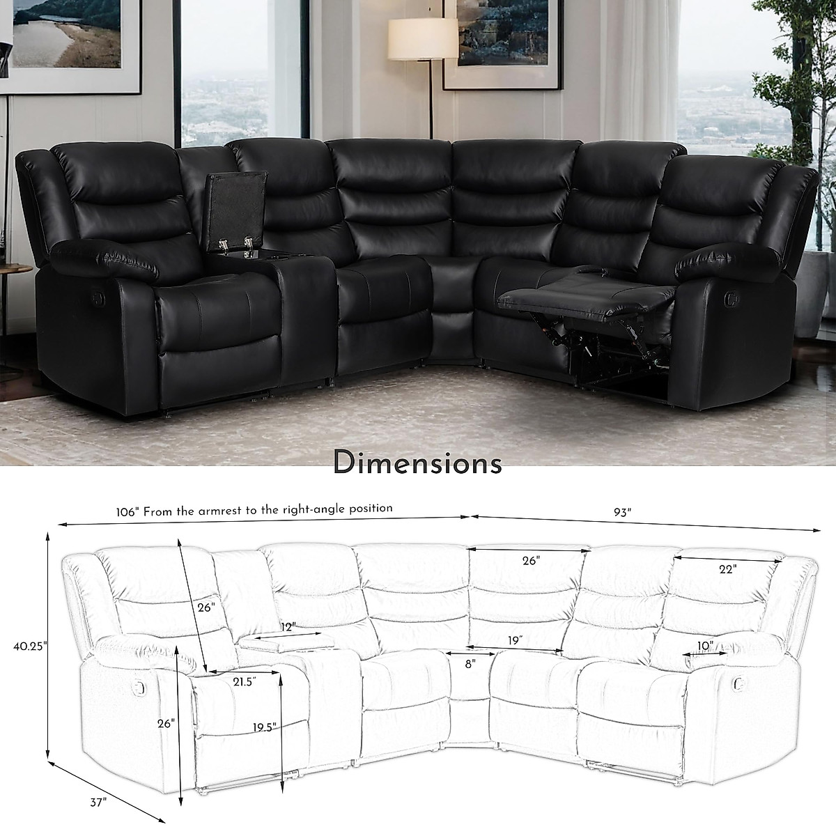 Recliner Sectional Sofa, Faux Leather Manual Reclining Sectional Couch, Modular Livingroom Furniture Sets with 1 Storage Console & 2 Cup Holders (Black)
