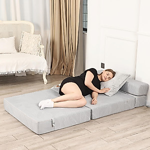 LOVMOC Tri Folding Sofa Mattress, High-Density Memory Foam Sofa Bed with a Fluffy Pillow, Futon Floor Couch Guest Bed, Twin Size, Grey