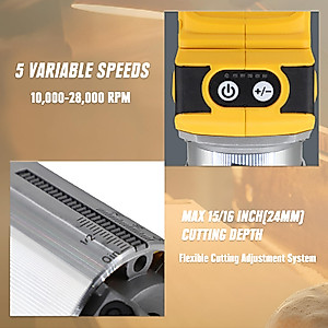 Cordless Compact Router, Mellif Brushless Palm Router Compatible with 20V Battery (Tool Only) 28,000RPM 600W w/Fixed Base, 12PCS 1/4" Router Bits, 5-Speed, Edge & Roller Guides, Dust Hood