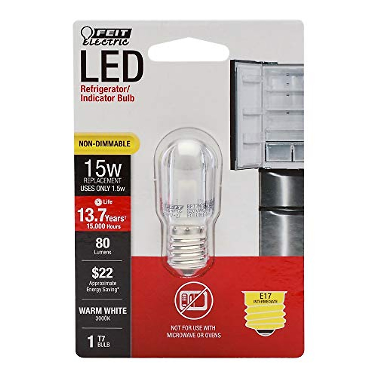 Feit Electric BPT7N/SU/LED Non-Dimmable Led Bulb, 15 W, 120 Vac, E17 (Intermediate) Base, Warm, 80 Lumens, White