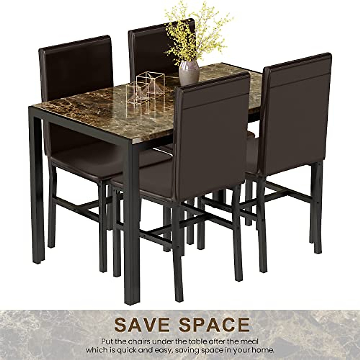 Recaceik Dining Room Table Set for 4 Modern Dinner Table Set for 4 Faux Marble Kitchen Table and Chairs for 4, 5 Piece Dining Table Set w/Leather Upholstered Dining Chairs for Small Spaces