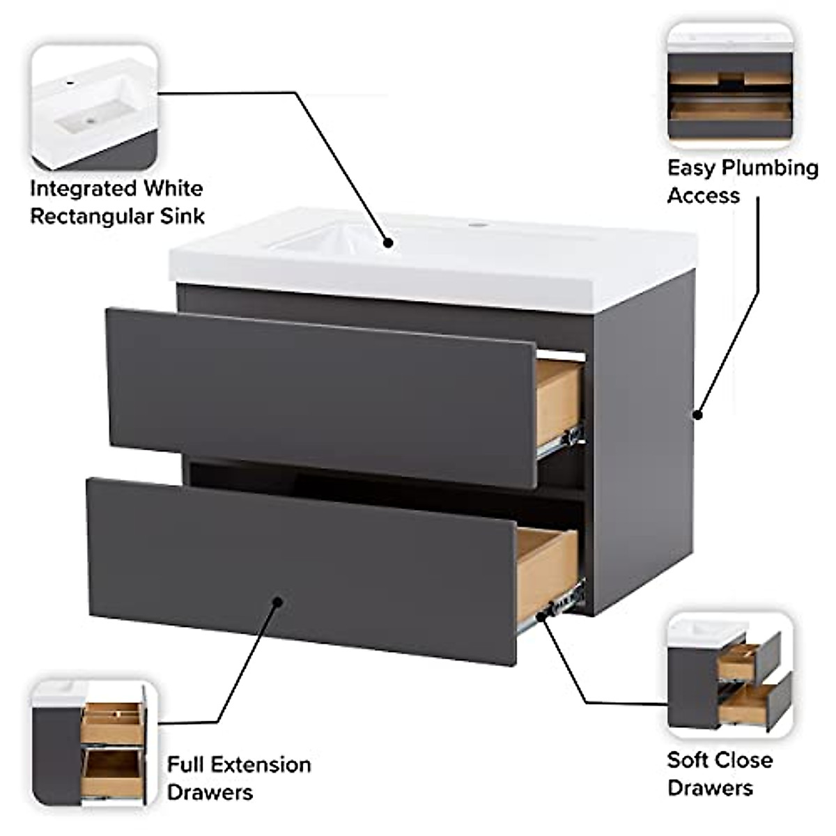 Spring Mill Cabinets Innes 30 Inch Floating Bathroom Vanity with White Single Sink Top, 2 Soft-Close Drawers, 30.5" W x 18.75" D x 22.25" H, Cement