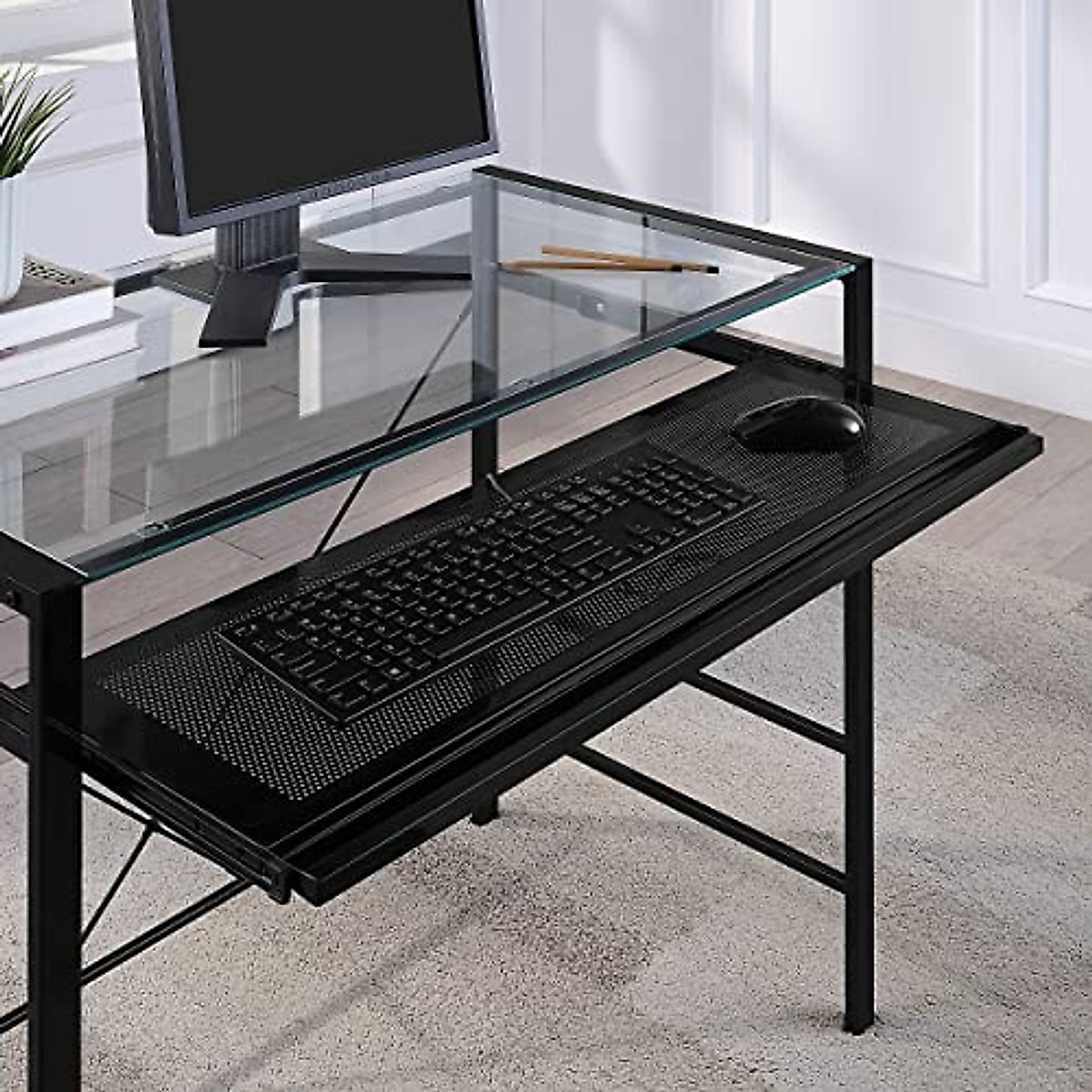 OSP Home Furnishings Zephyr Computer Desk with Keyboard Shelf and Tempered Glass Top, Clear Glass and Black Frame, 36" W x 20" D x 30.25" H